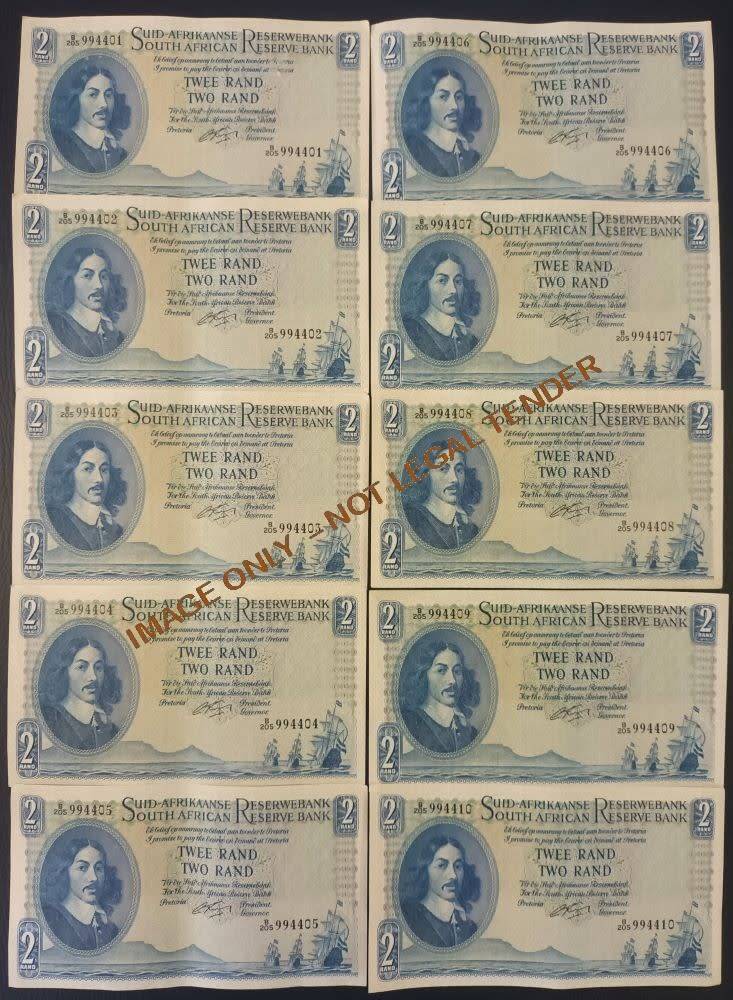G Rissik - TWO RAND RISSIK BANKNOTES x 10 - in series - Higher Grade ...