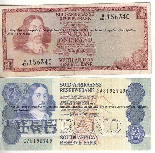 Other South African Bank Notes - Lot of 5 Old SA Banknotes - R1, R2, R5 ...