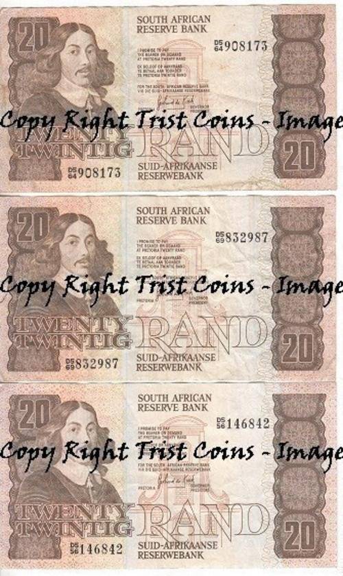Other South African Bank Notes - Lot of 10 old SA R20 notes - as per ...