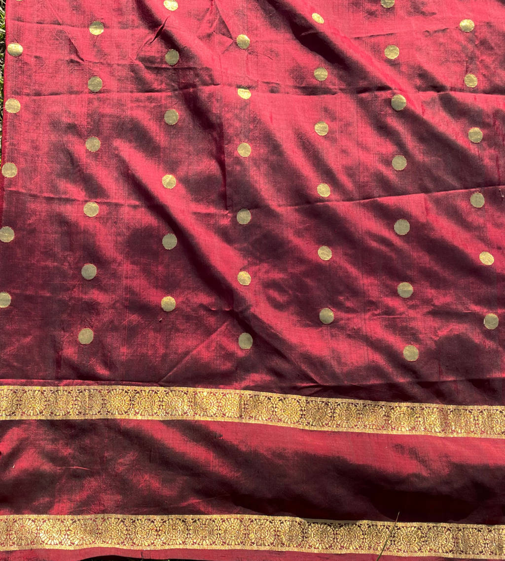 India & Pakistan - Traditional Maroon Indian Silk Saree with Gold Dots ...