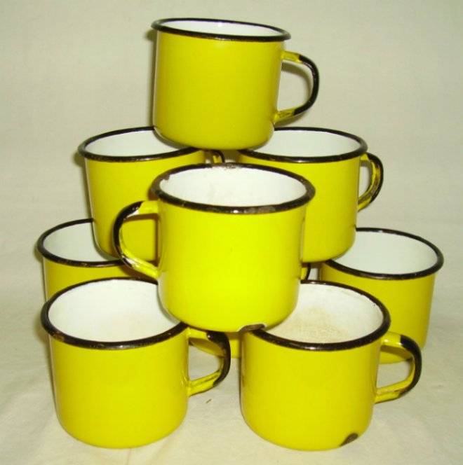 Enamelware - Aumy - 9 Bright Yellow Enamel Mugs ( Made in Poland) was ...