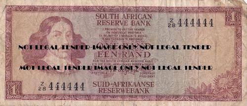 TW de Jongh - R1 ONE RAND NOTE SOUTH AFRICAN RESERVE BANK Z28/444444 ...