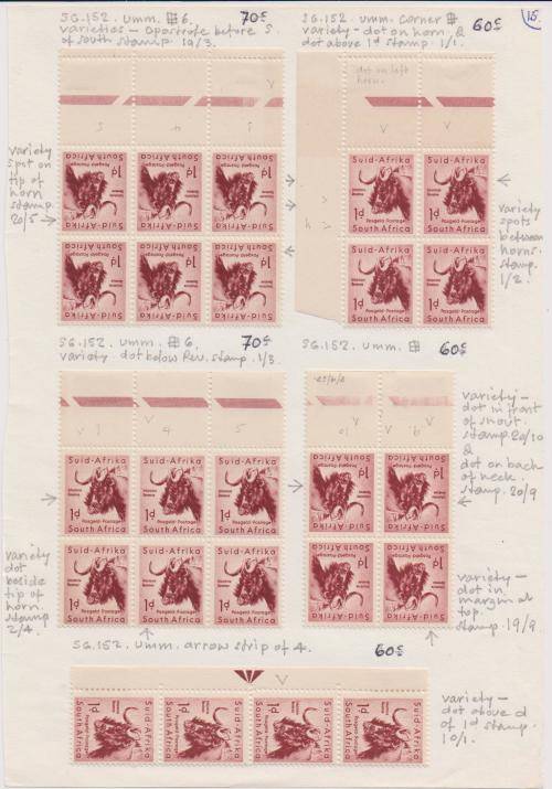 Union of South Africa - 1954 1d Blocks & strip with varieties was sold ...