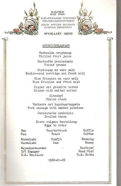 Rail - S.A. BLUE TRAIN MENU - BREAKFAST was sold for R30.00 on 30 Oct ...