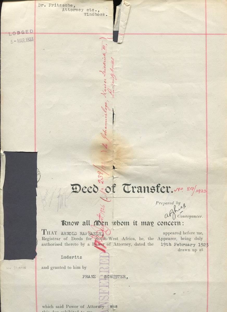 Namibia - SWA - Document - Deed of Transfer - No Stamps for sale in ...