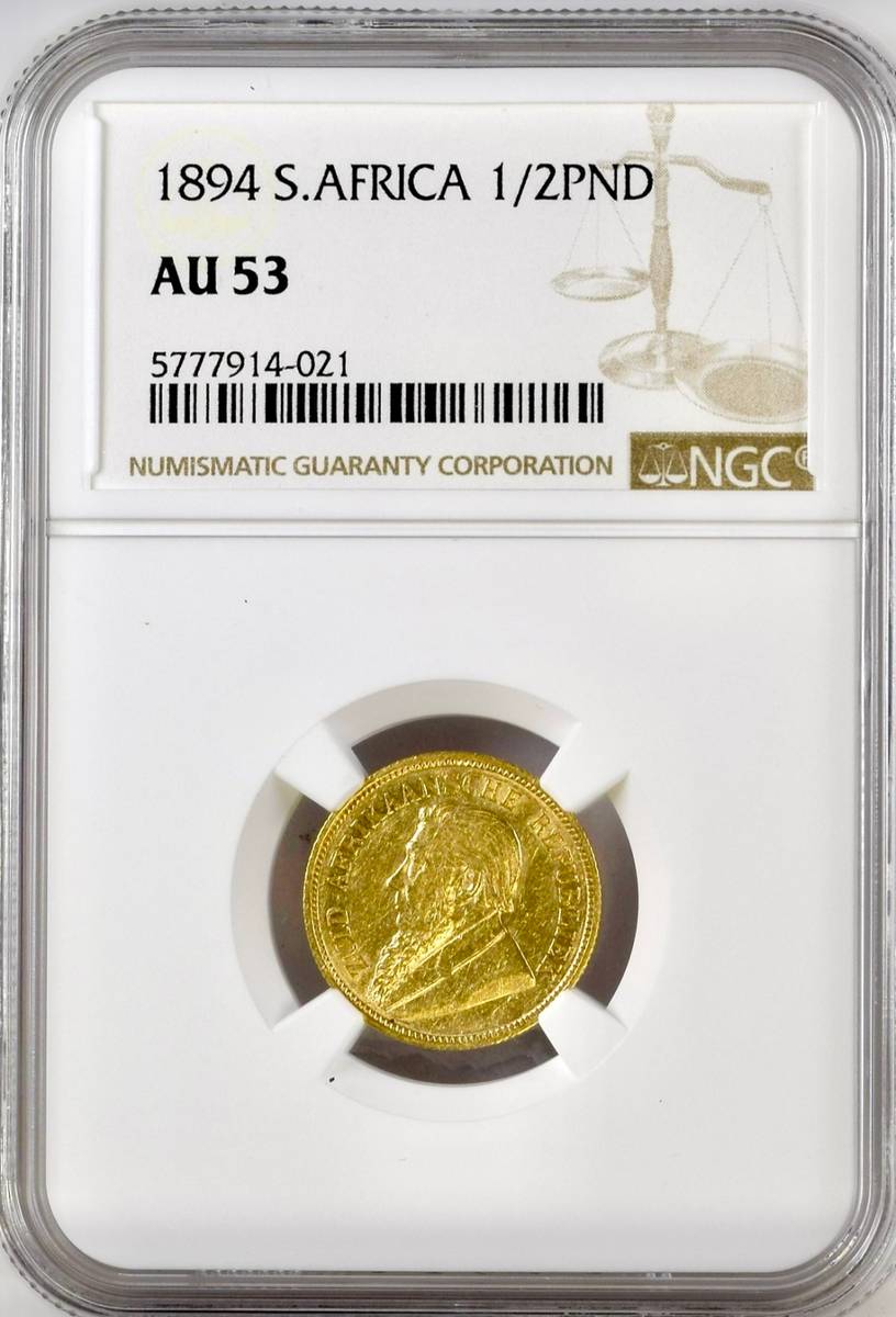 Halfponde - S. Africa: 1894 ZAR Gold 1/2 Pond NGC Certified AU53 for ...