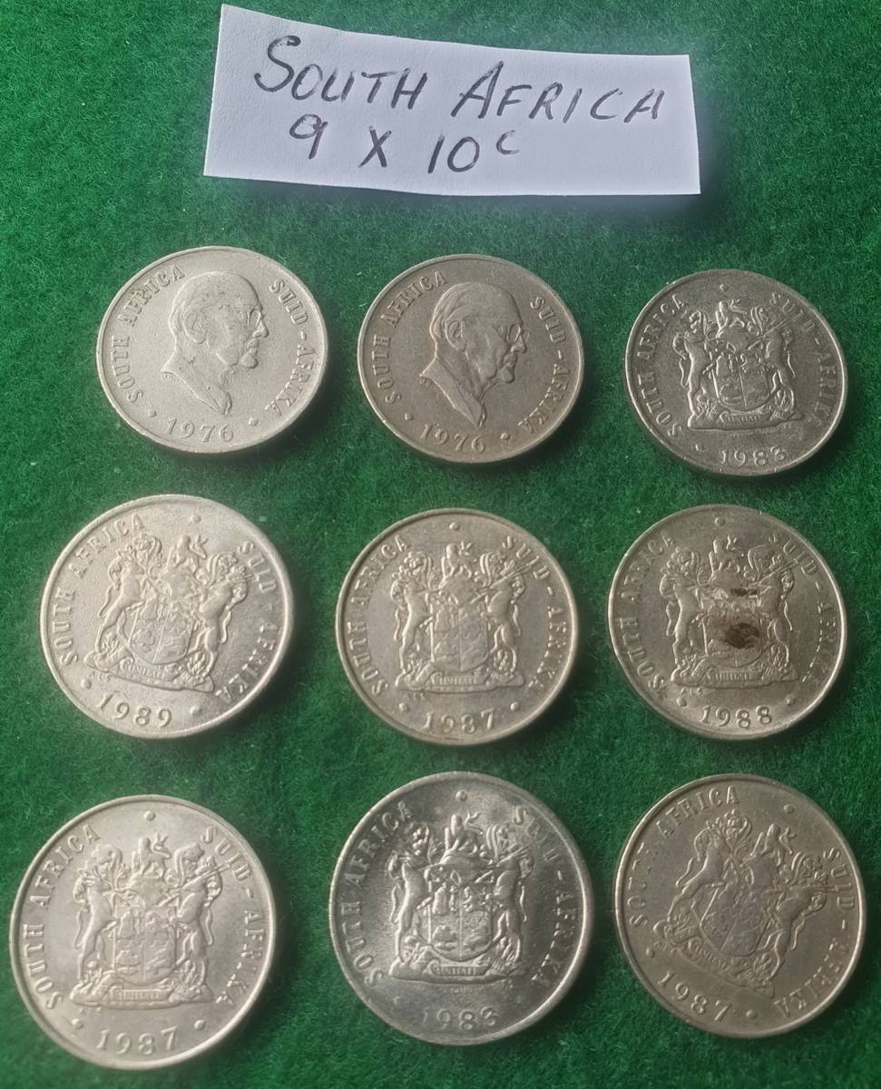 Ten Cent - 9 x South African 10c coins for sale in Vredefort (ID:621126919)