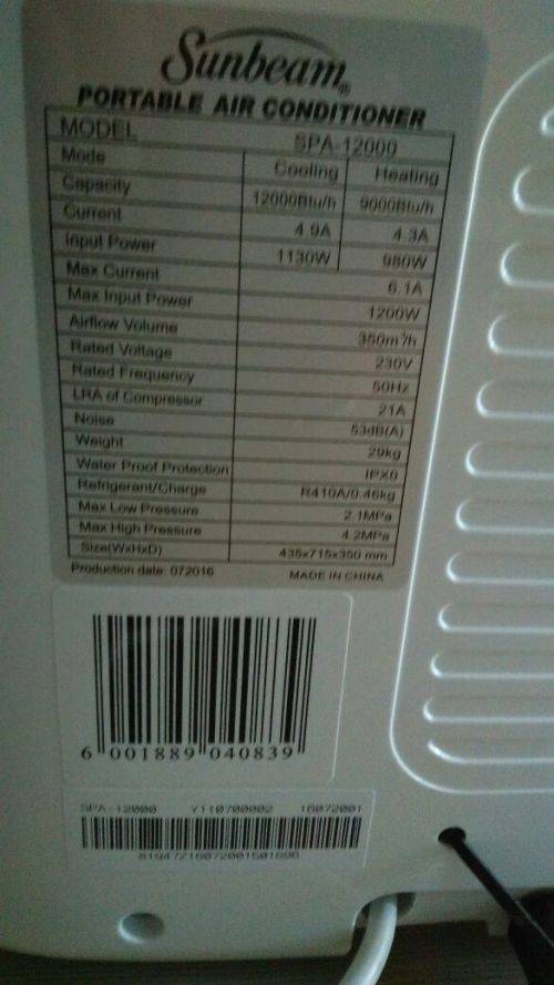 Air Conditioning - Sunbeam 12000BTU Portable Air Conditioner SPA-12000 ...