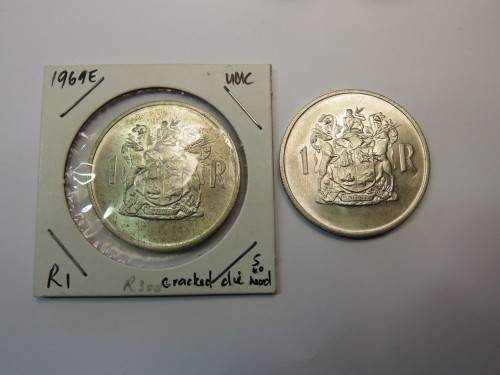 One Rand - Two RSA 1969 UNC English R1 coins - Both with die cracked `S ...