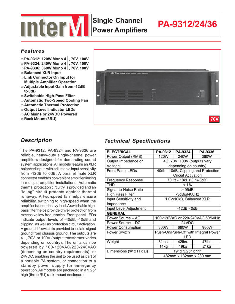 Amplifiers & Processors - Inter-M PA-9324 Single Channel Heavy-Duty Public Address Power ...