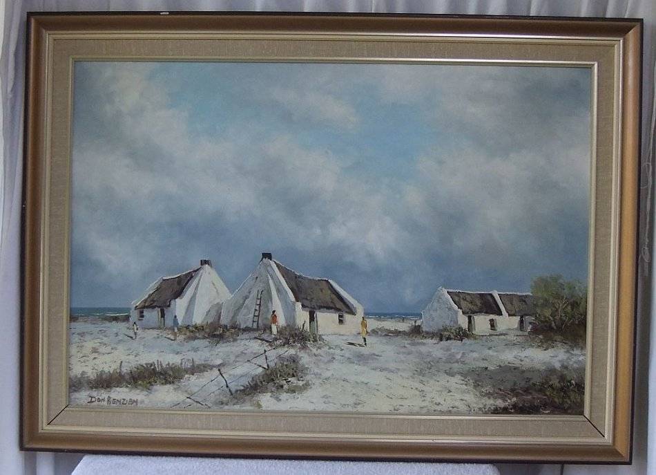 Paintings - A HUGE ORIGINAL OIL ON BOARD SEASCAPE SEA SIDE VILLAGE ...