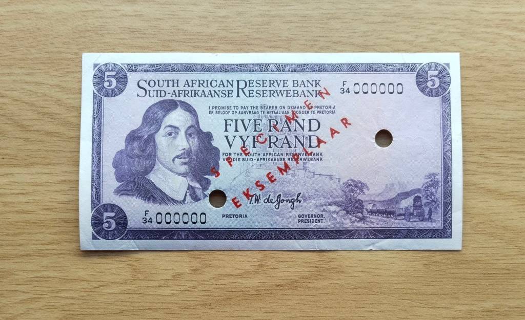TW de Jongh - Specimen South Africa de Jongh old R5 bank note. Rare ...
